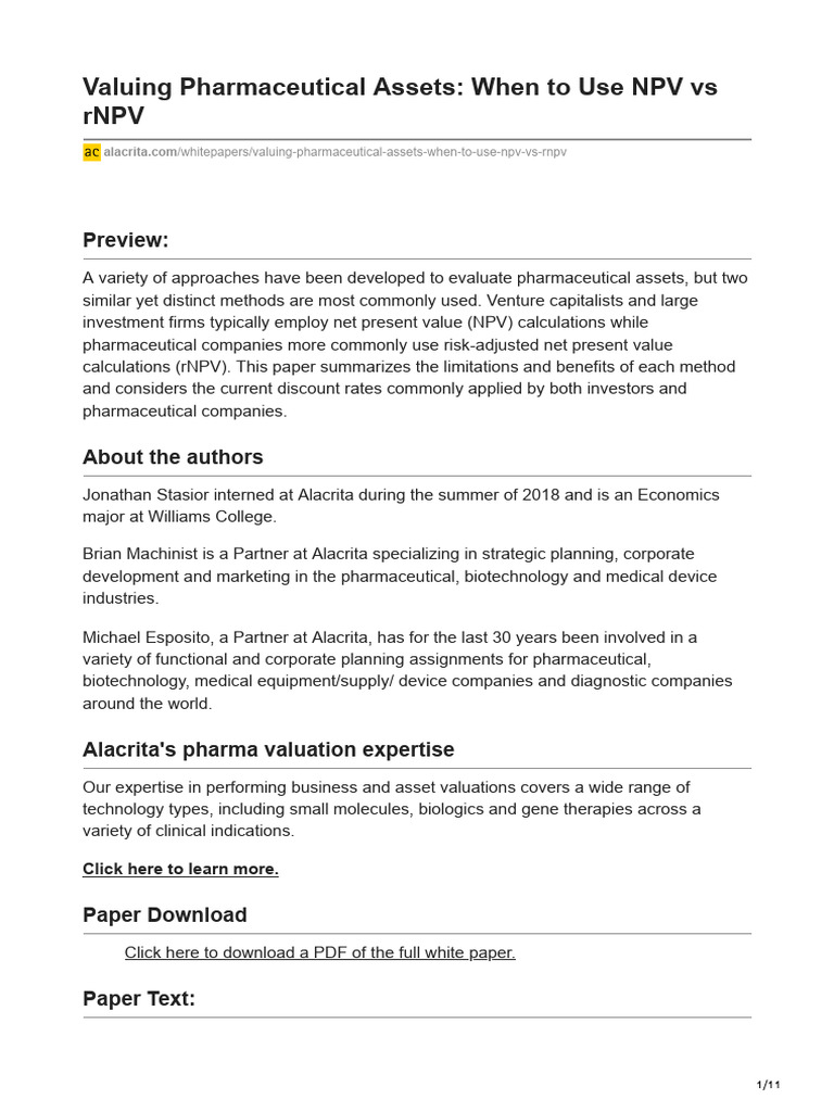 Risk-Adjusted NPV in Pharma Valuation | PDF | Net Present Value ...