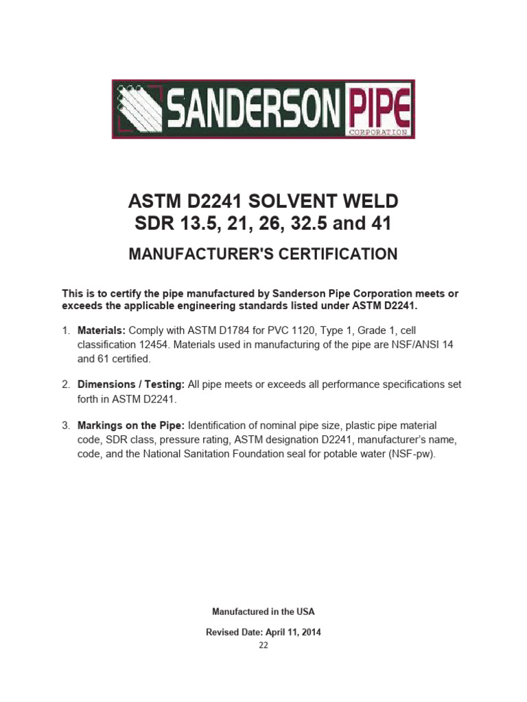 Astm d2241 Solvent Weld Sdr 13_5 21 26 32_5 41 | PDF | Pipe (Fluid ...