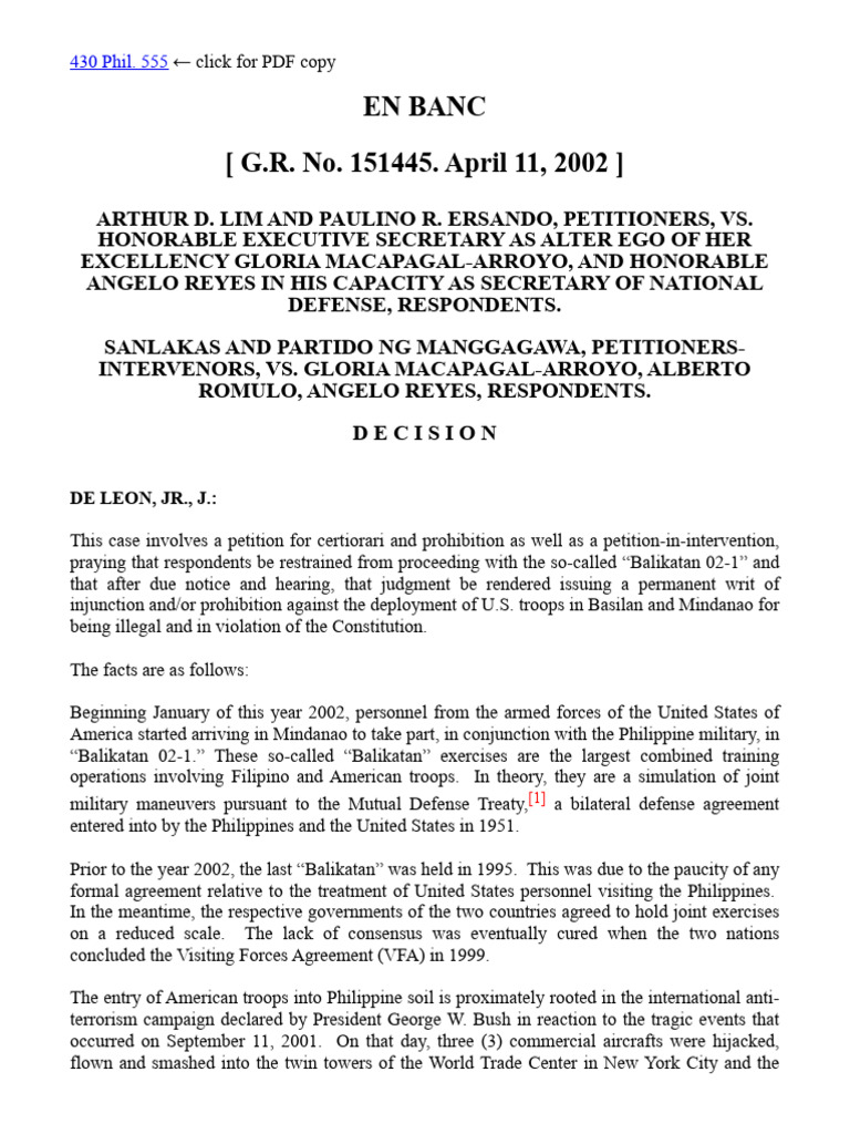 Arthur Lim Et. Al. v. Executive Secretary, G.R. No. 151445, April 11 ...