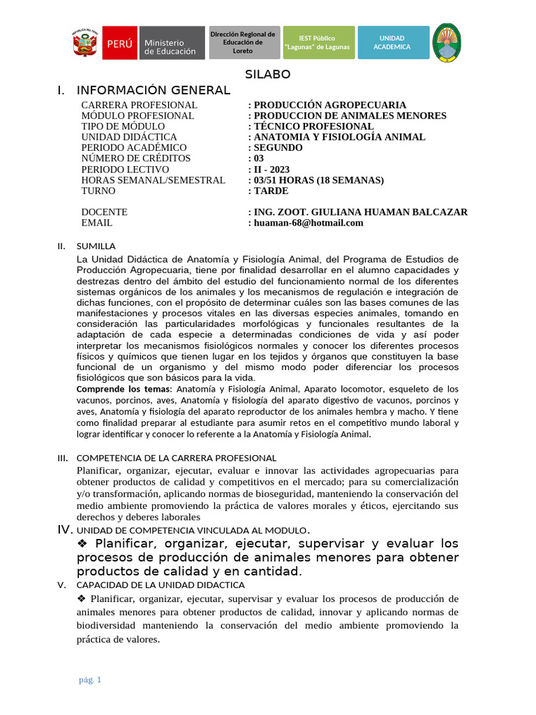 Silabo de Anatomia y Fisiología Animal | PDF | Anatomía | Esqueleto