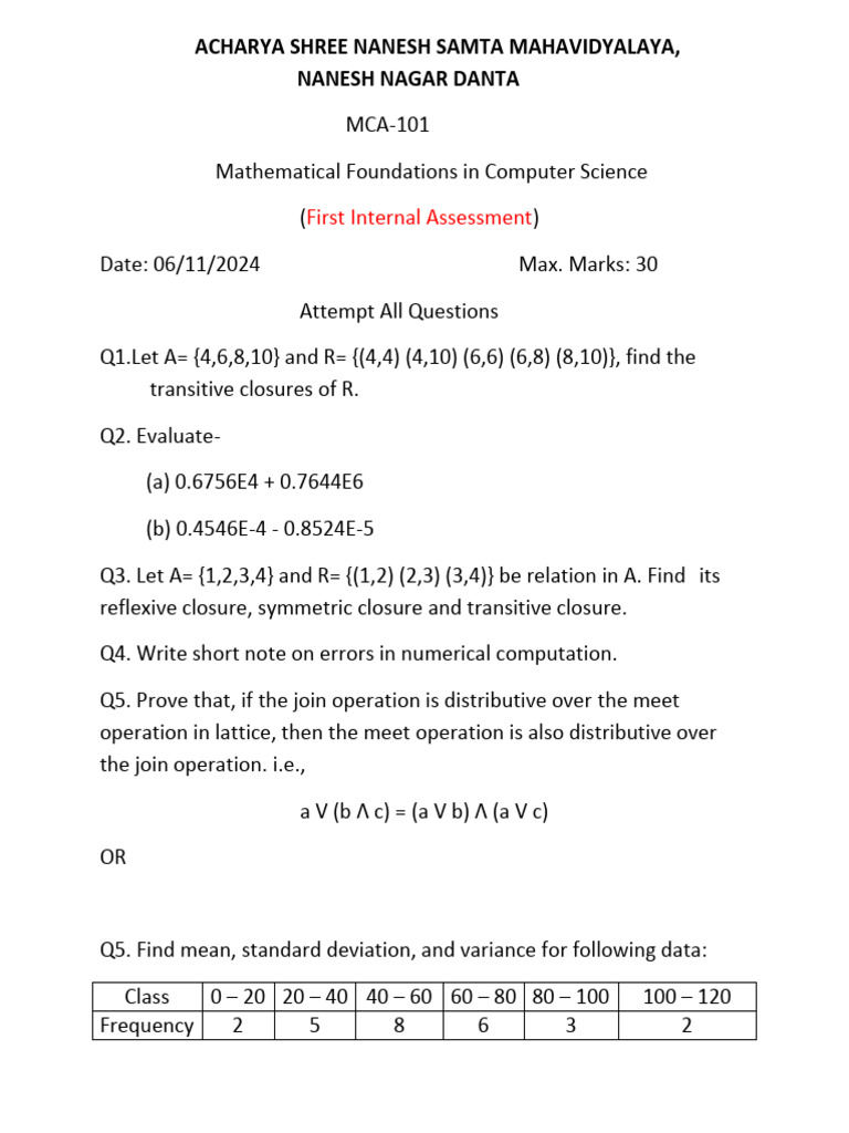 MCA-101 Mathematical Foundations in Computer Science | PDF
