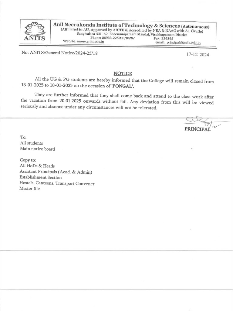 PONGAL Holiday Notice For Students | PDF