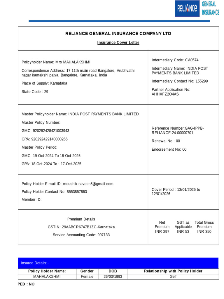 Reliance Gag Coi Certificate 5lakh Gag Ippb Reliance 24 00000701 | PDF ...