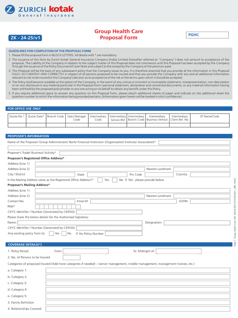 Zurich Kotak Group Health Proposal Form | PDF | Insurance | Business