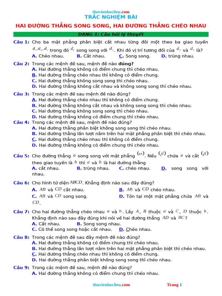 Trac Nghiem Hai DT Song Song Cheo Nhau | PDF