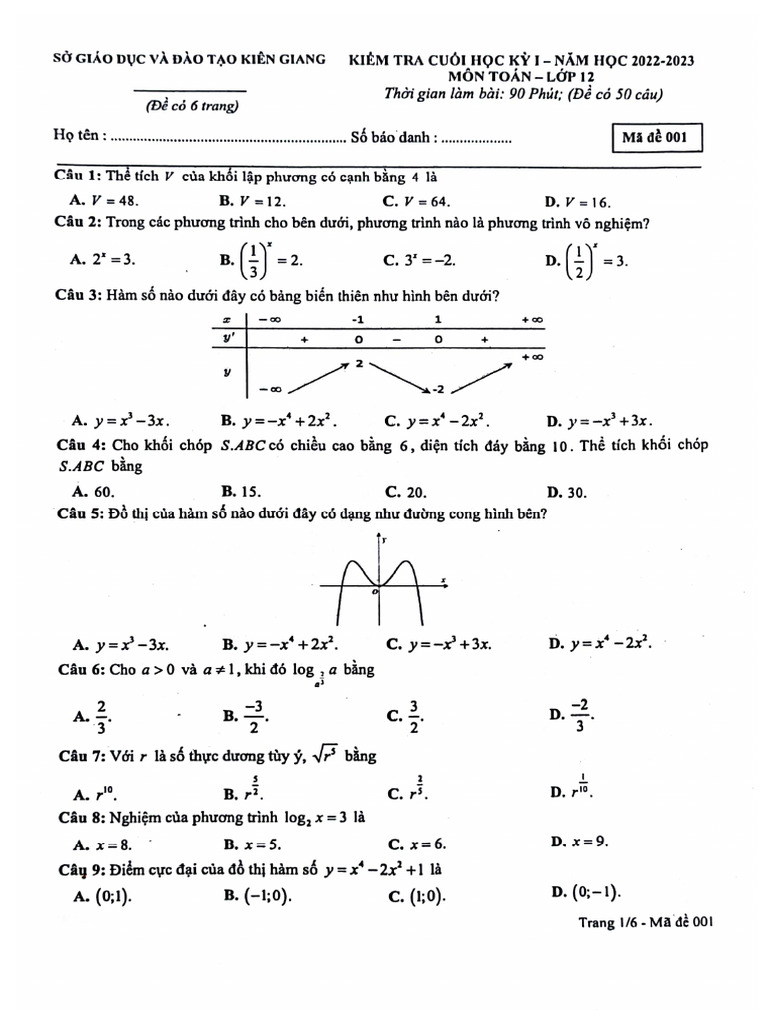 De Cuoi Hoc Ky 1 Toan 12 Nam 2022 2023 So GDDT Kien Giang | PDF