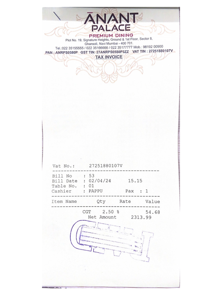Final Food Bill Anant Palace | PDF