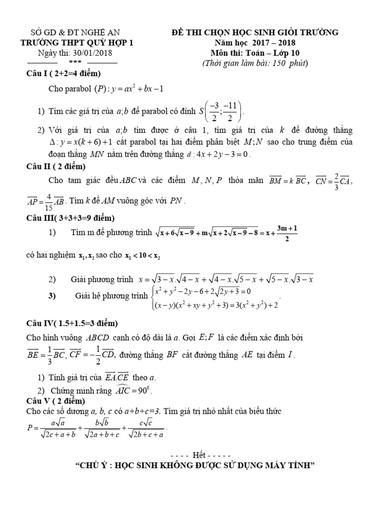De Thi Chon HSG Toan 10 Nam Hoc 2017 2018 Truong THPT Quy Hop 1 Nghe An | PDF