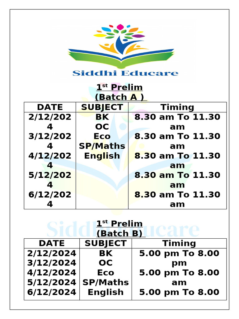 1st Prelim Exam Timetable 2024 | PDF