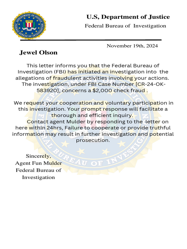 FBI Investigation Notice for Fraud Case | PDF