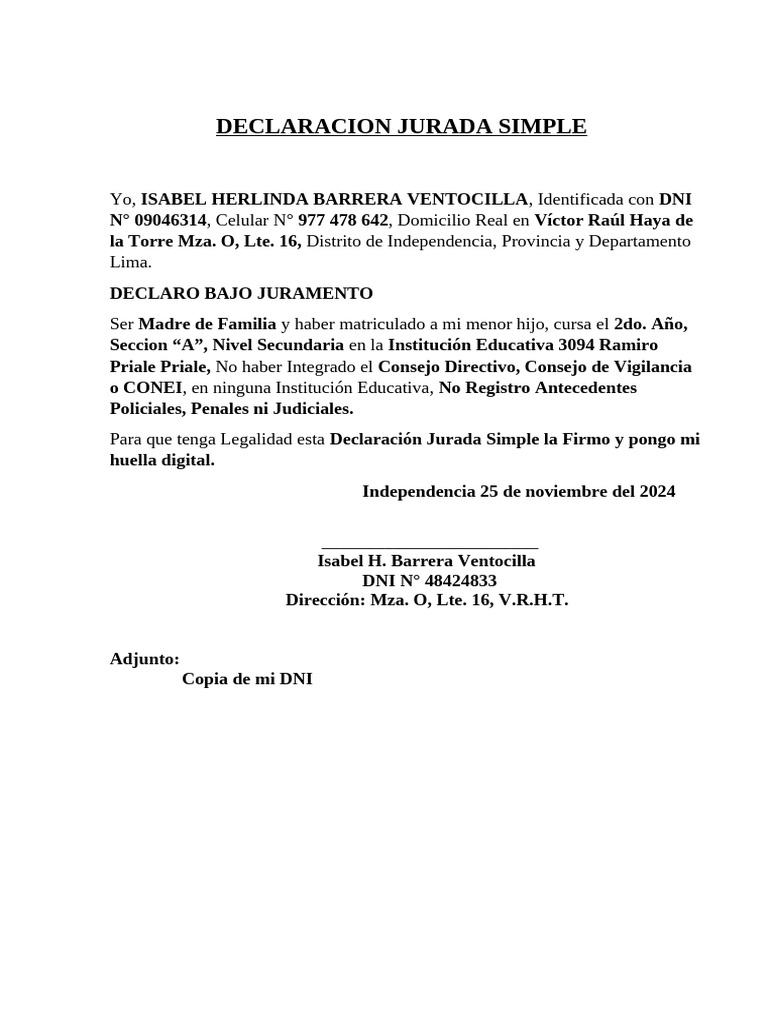 Declaracion Jurada Simple-Isabel | PDF