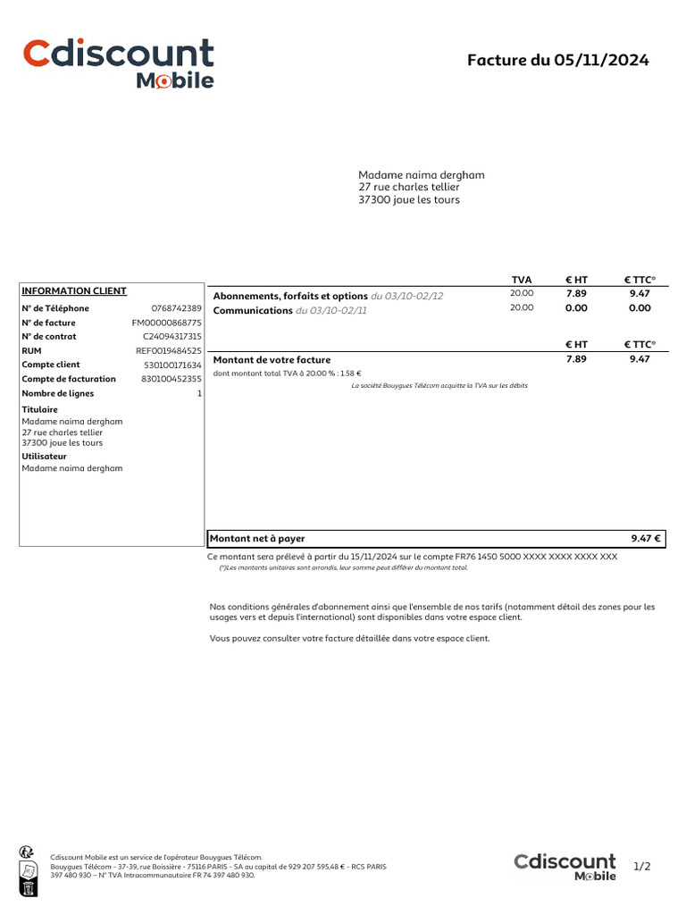 Facture Cdiscount Mobile de Naima Dergham | PDF | Taxe sur la valeur ...