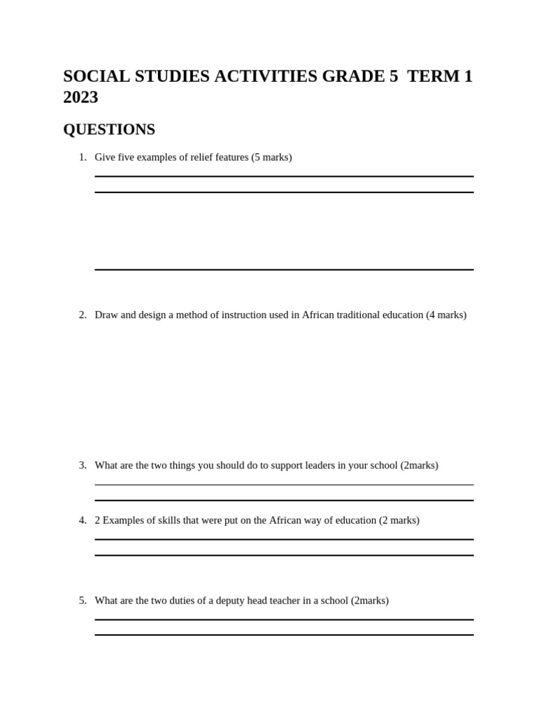 Grade 5 Social Studies Activities Term 1 | PDF