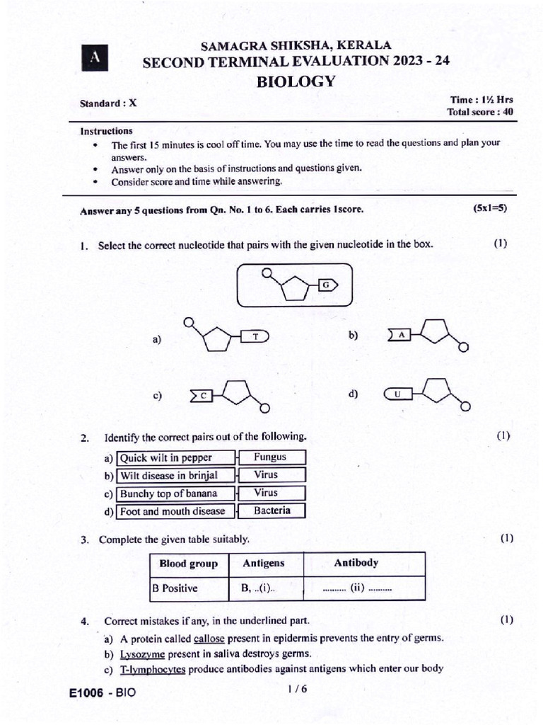 Kerala SSLC Second Term Exam 2023 Dec Question Paper - BIOLOGY EM | PDF