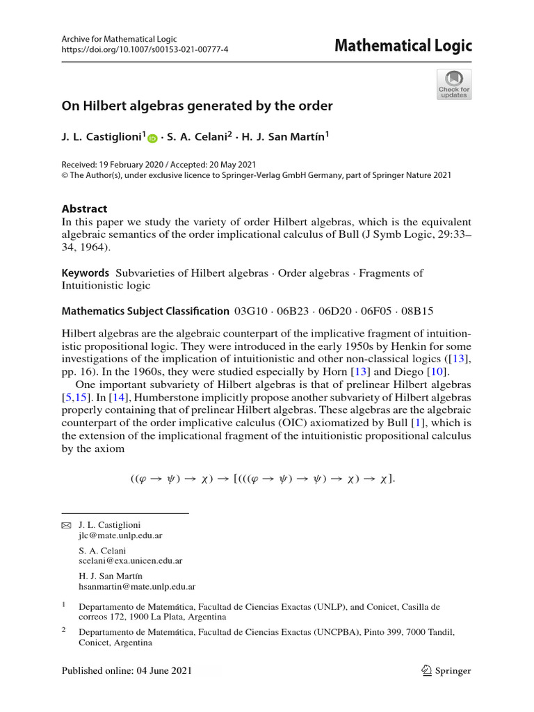 On Hilbert Algebras Generated by The Order 2022 | PDF | Algebra ...