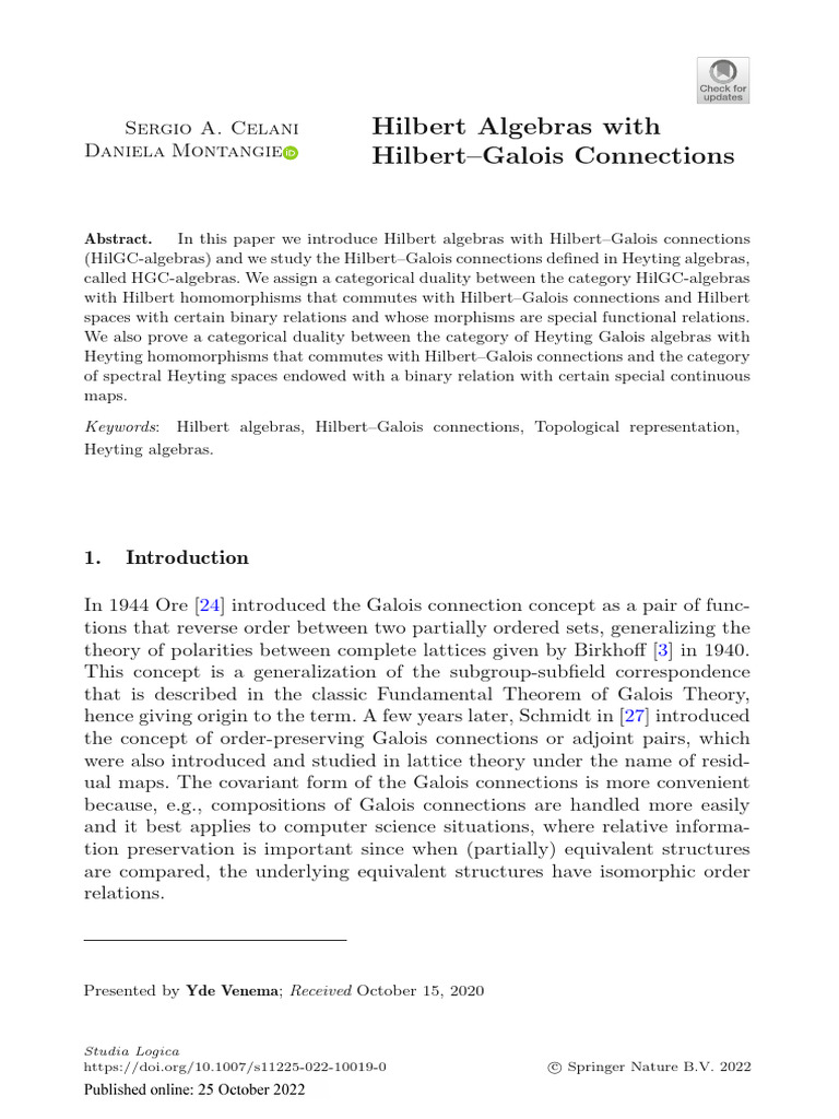 Hilbert algebras with Hilbert–Galois connections Studia Logica | PDF ...
