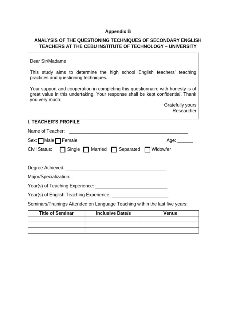 Sample Research Instrument Descriptive Survey | PDF | Teachers | Question