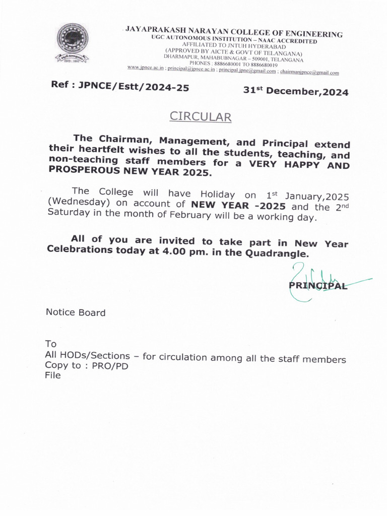 1st Jan Circular | PDF