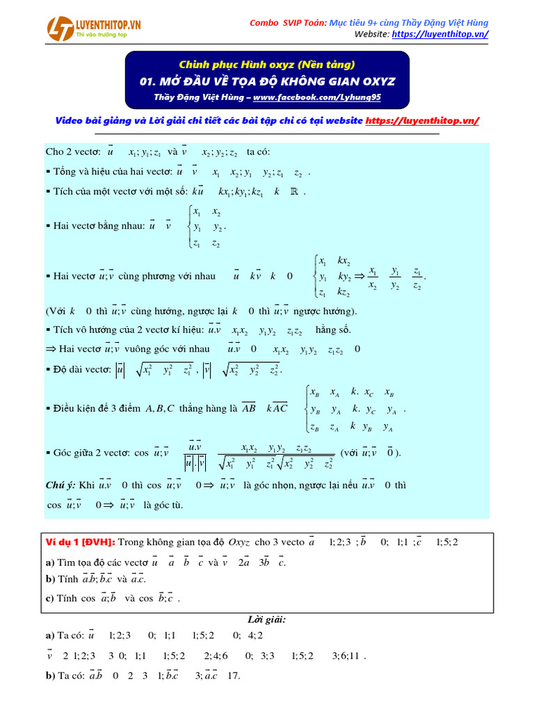01. Mở đầu về tọa độ không gian Oxyz | PDF