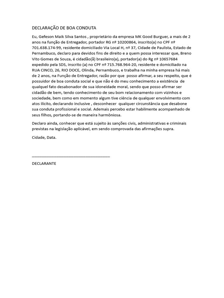 Declaração de Boa Conduta | PDF