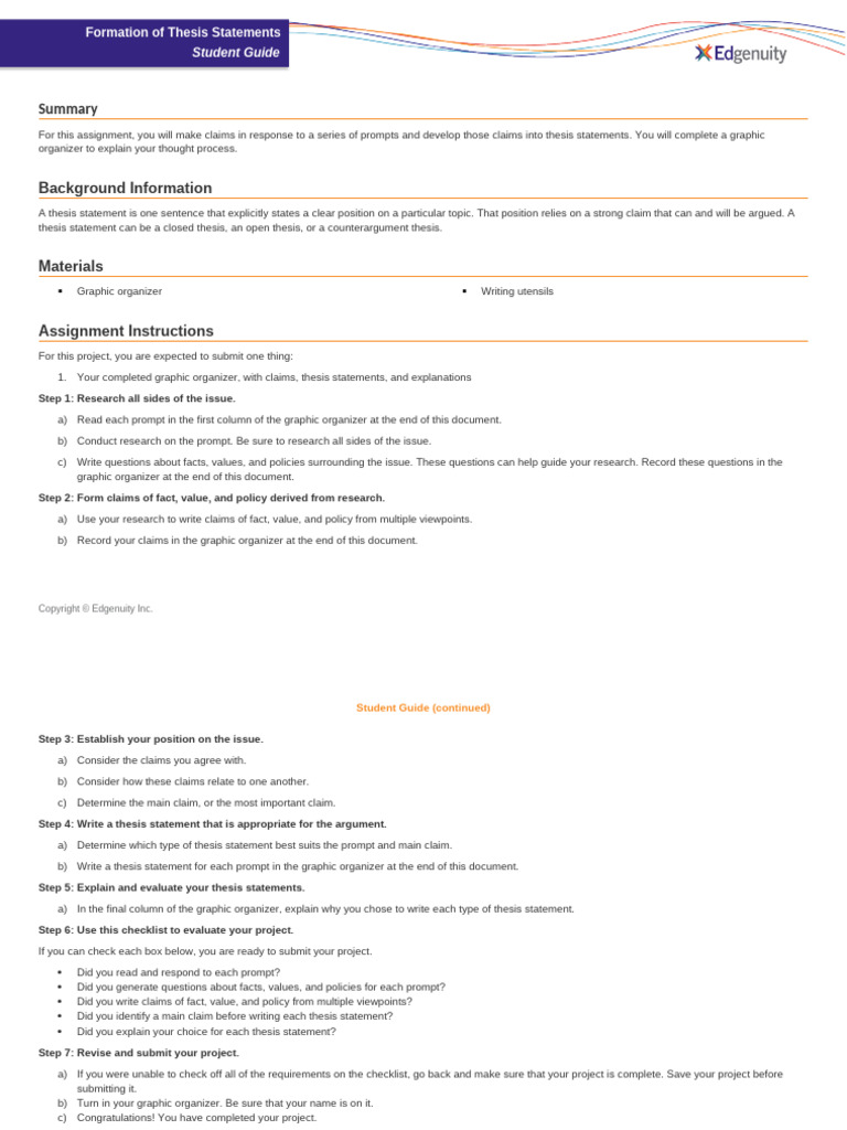 Project - Formation of Thesis Statements - Student Guide | PDF | Thesis