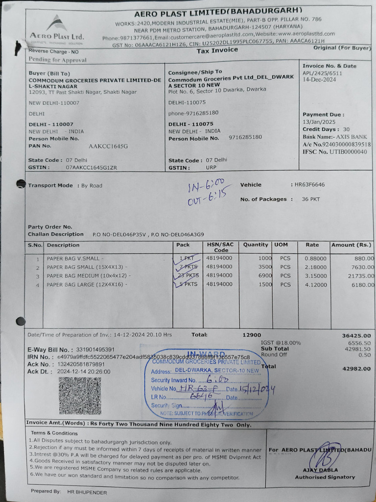 AERO Plast Invoice for Commodum Groceries | PDF | Payments