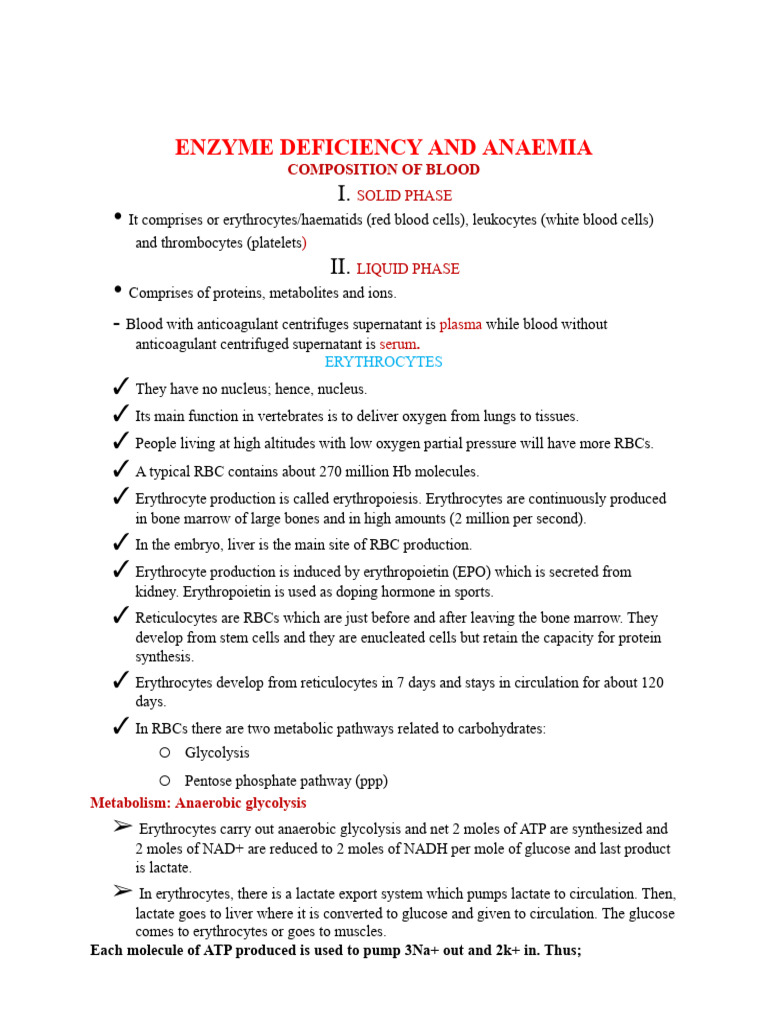 Enzyme Deficiency and Anemia Overview | PDF | Red Blood Cell ...