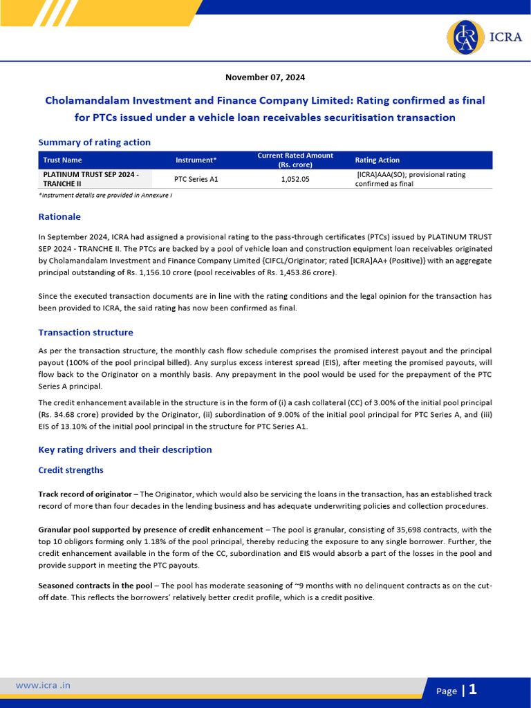 Cholamandalam PTC Rating Confirmation | PDF | Securitization ...