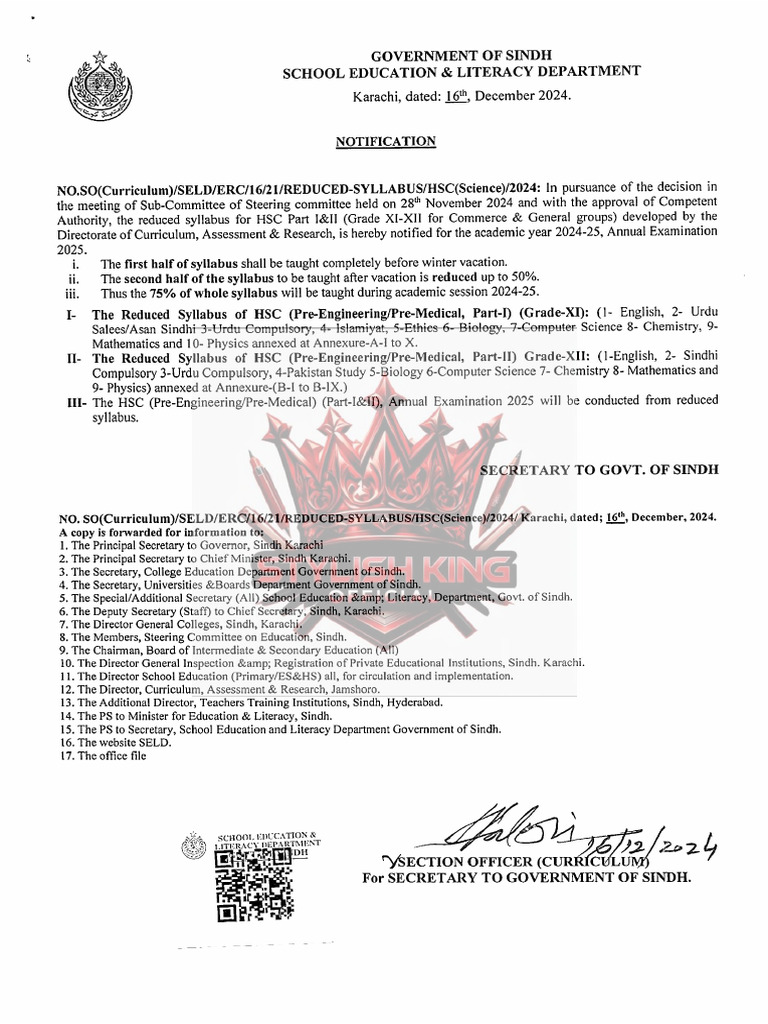 Official HSC Reduced Syllabus 2025 | PDF