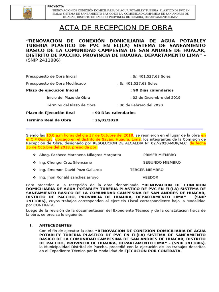 Acta de Recepcion de Obra Final | PDF | Suministro de agua | Ciencia medioambiental