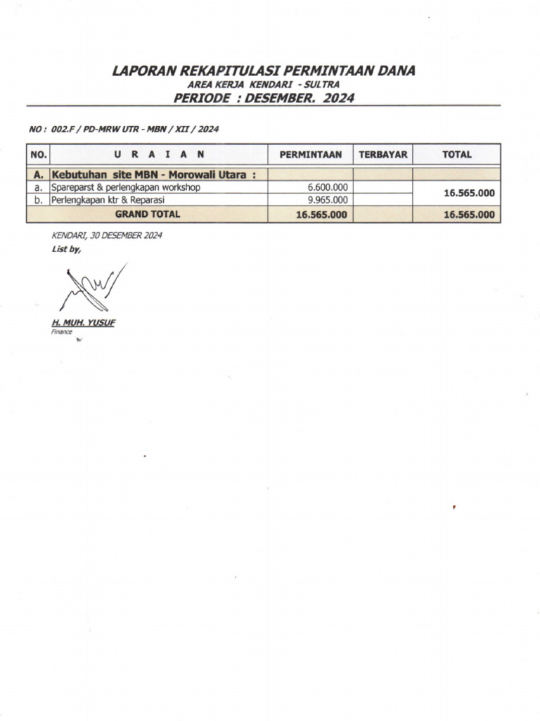 02F. Permintaan Dana Site Morowali Utara - MBN Perd. 30. Des. 2024. | PDF