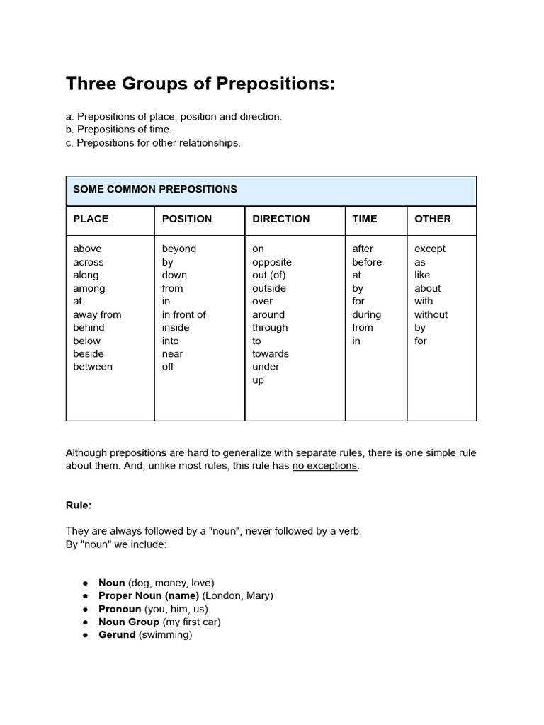 Three Groups of Prepositions | PDF | Preposition And Postposition | Verb