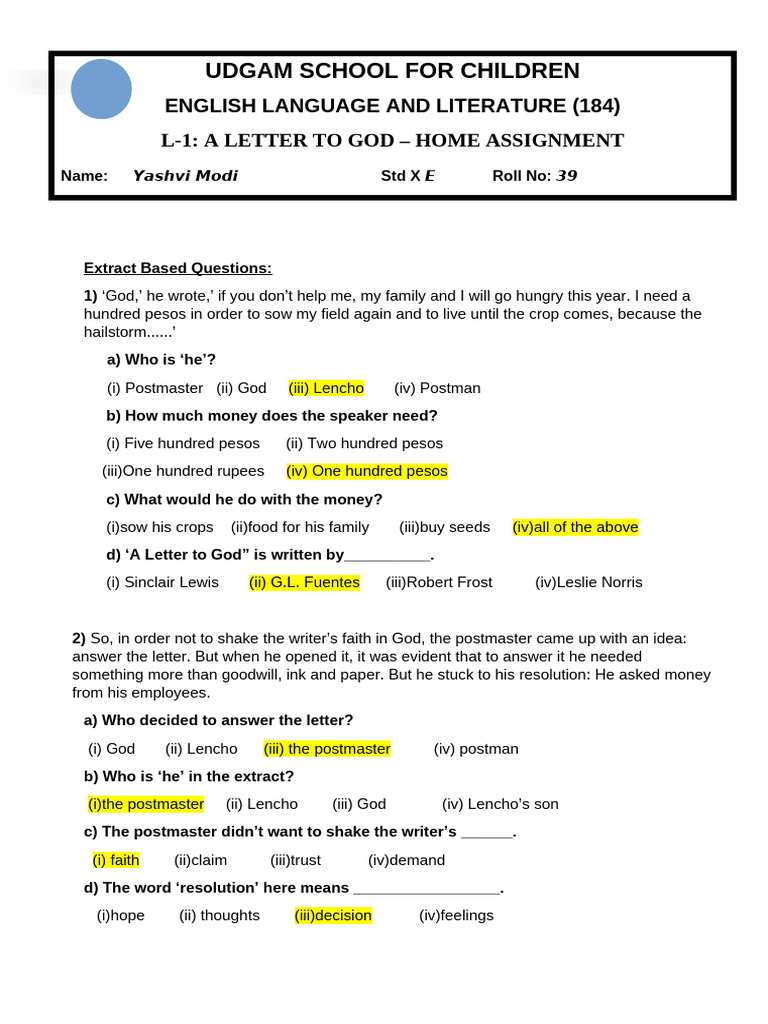 L-1 A Letter To God Assignment | PDF