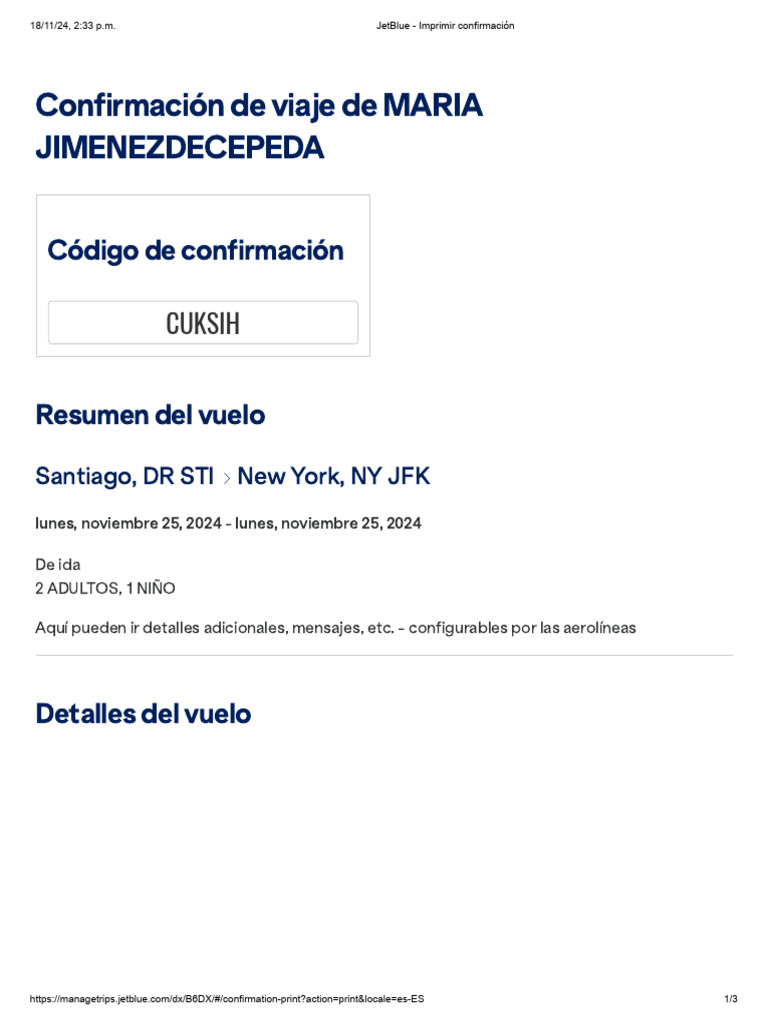 Confirmación de vuelo JetBlue CUKSIH | PDF