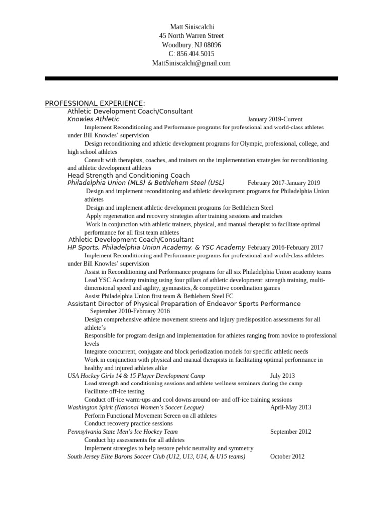 Matt Siniscalchi: Strength Coach Resume | PDF | Sports