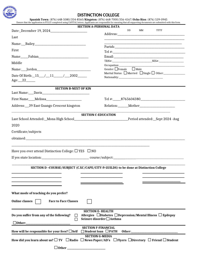 Distinction College Application Form | PDF | Medical Specialties ...