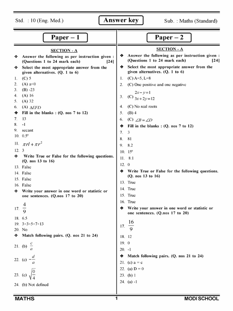 Std-10-Em-Sugg - Paper Answer Key-1 | PDF