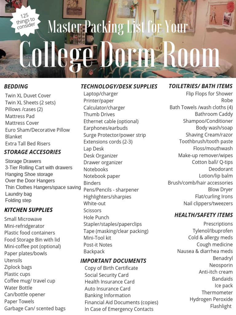 Master Packing List For Your College Dorm Room PDF | PDF
