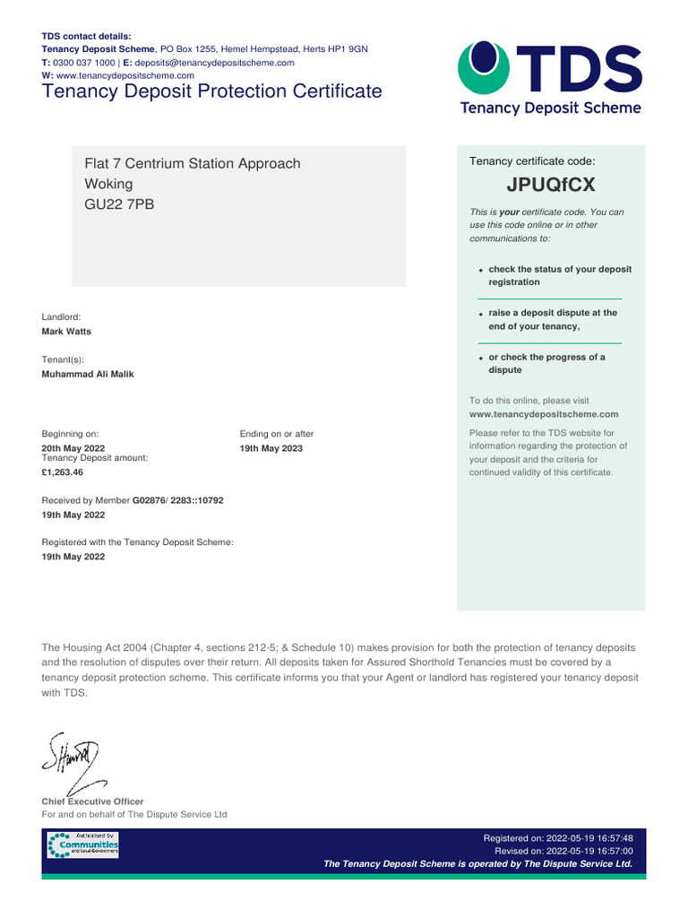 Tenancy Deposit Protection Certificate | PDF | Leasehold Estate | Property