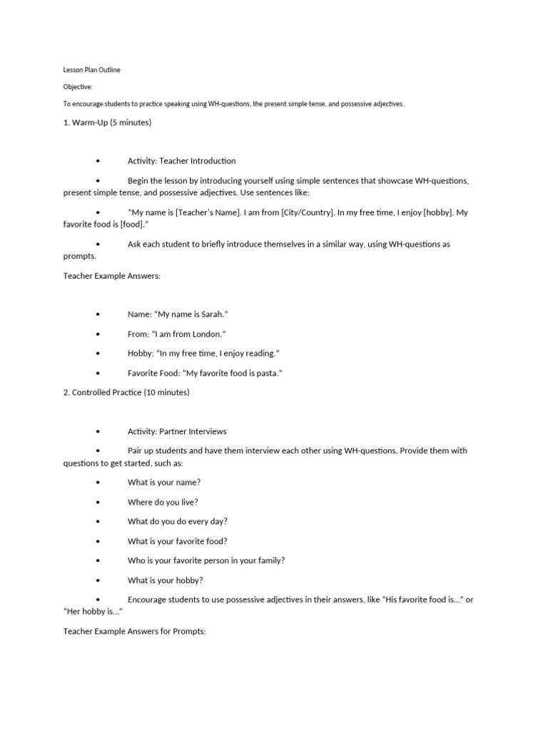 WH-Questions Lesson Plan for ESL Students | PDF | Question | Language ...
