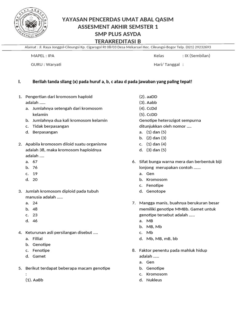 soal pas ipa KELAS 9 smt 1 | PDF