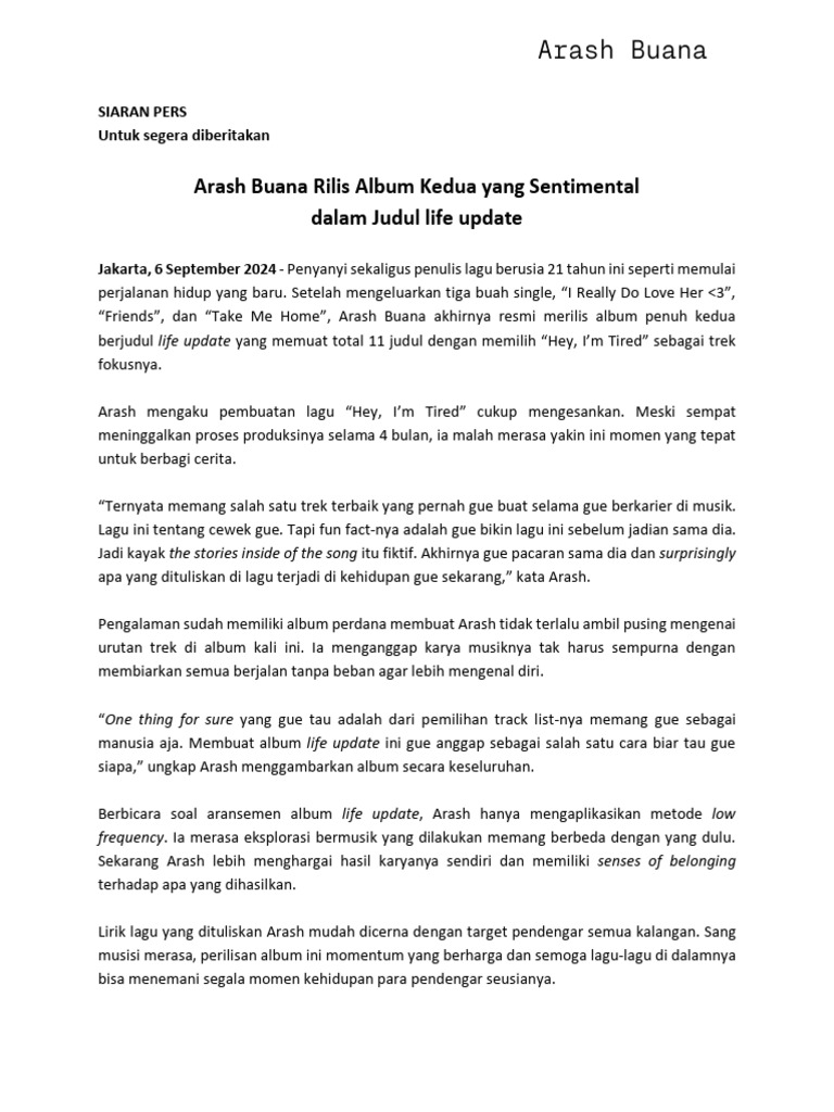 Siaran Pers - Arash Buana Rilis Album Yang Sentimental Dalam Judul Life Update | PDF