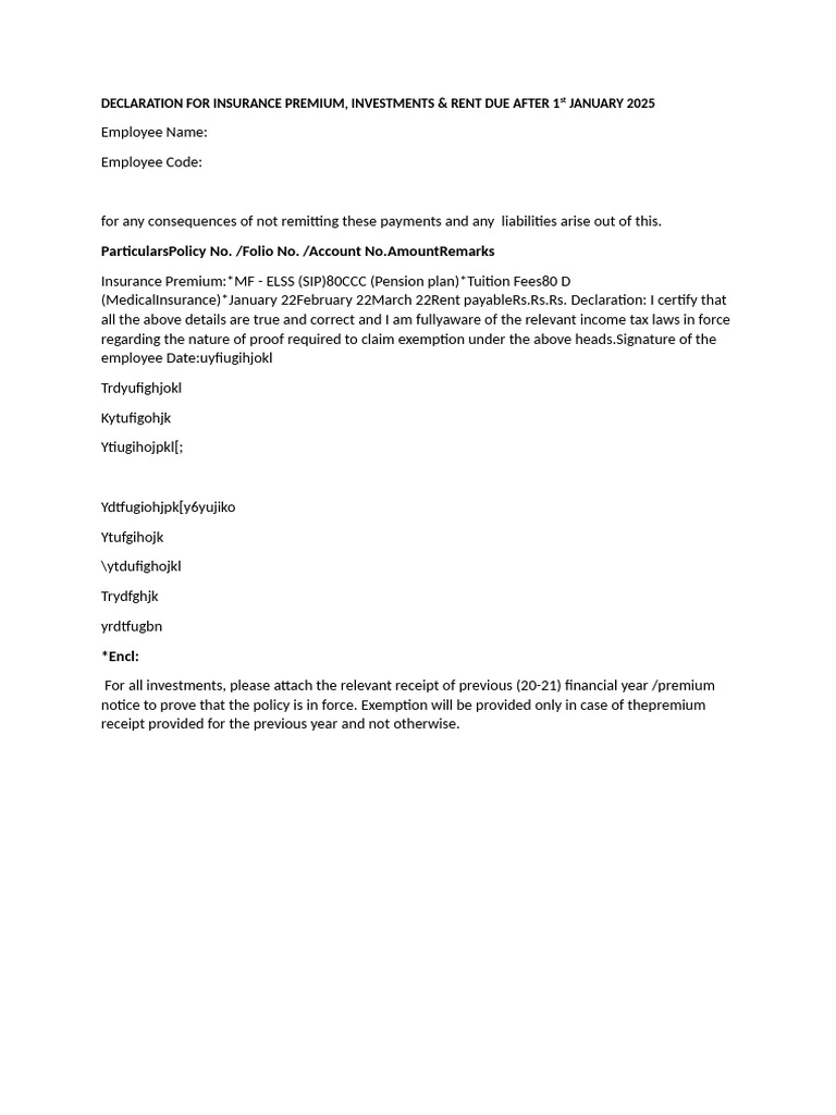Insurance Premium & Rent Declaration 2025 | PDF