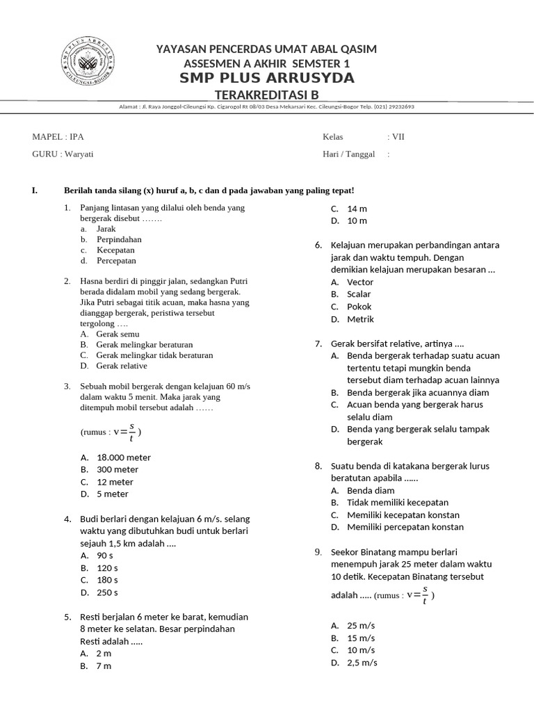Soal Uts Ipa Kelas 7 PAS SMT 1 | PDF