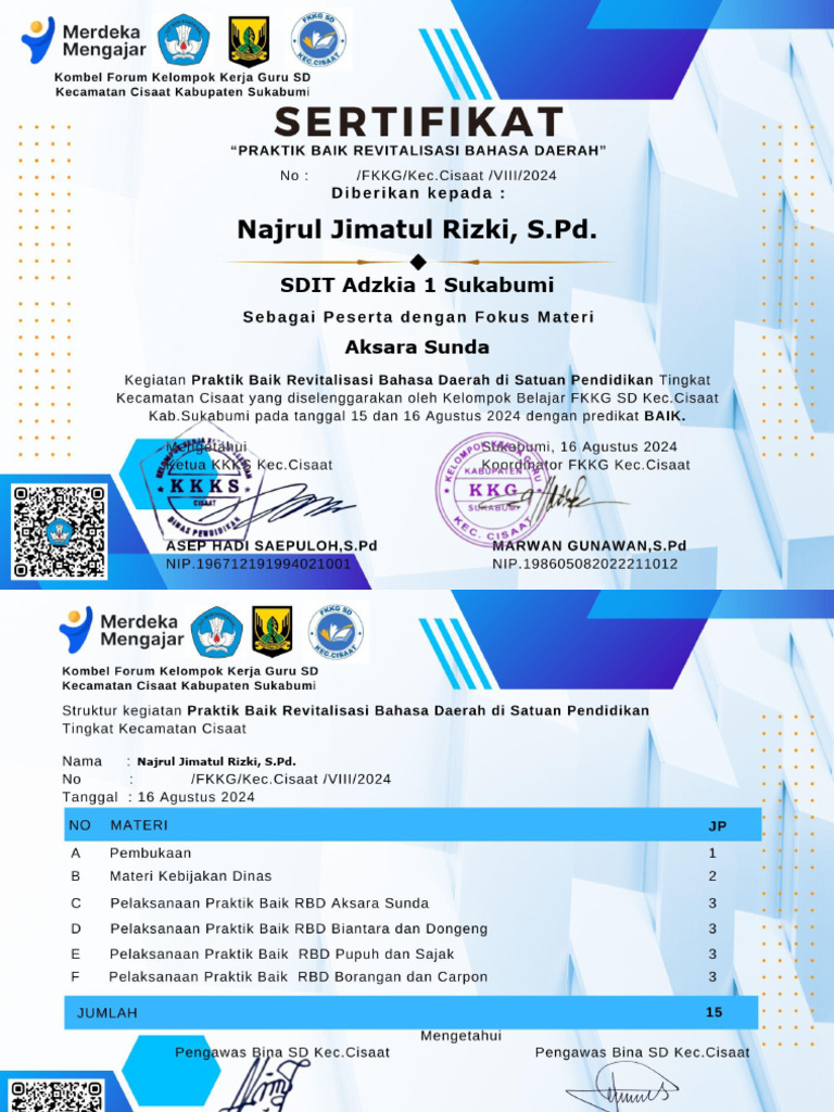 Najrul Jimatul Rizki, S.Pd. - Sertifikat RBD KKG Cisaat | PDF