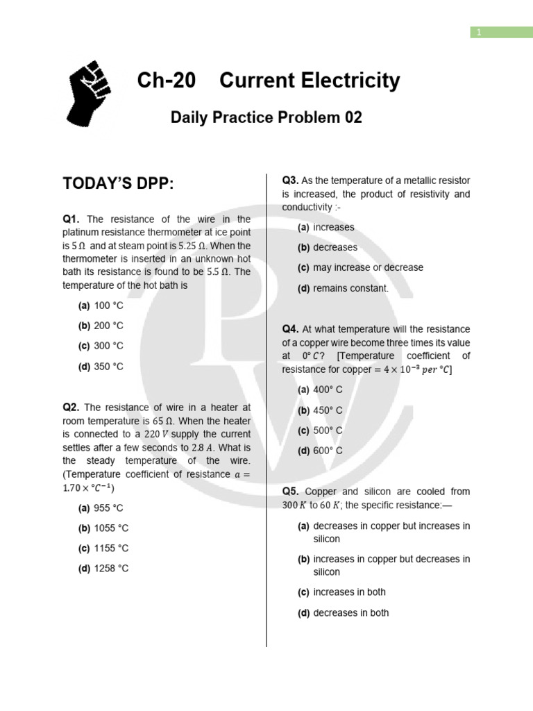 Current Electricity DPP 0 | PDF | Electrical Resistance And Conductance | Electrical Resistivity ...