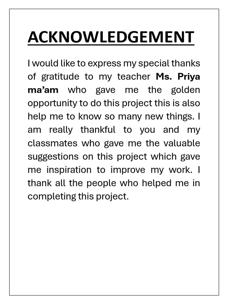 Acknowledgement: Ms. Priya Ma'am | PDF