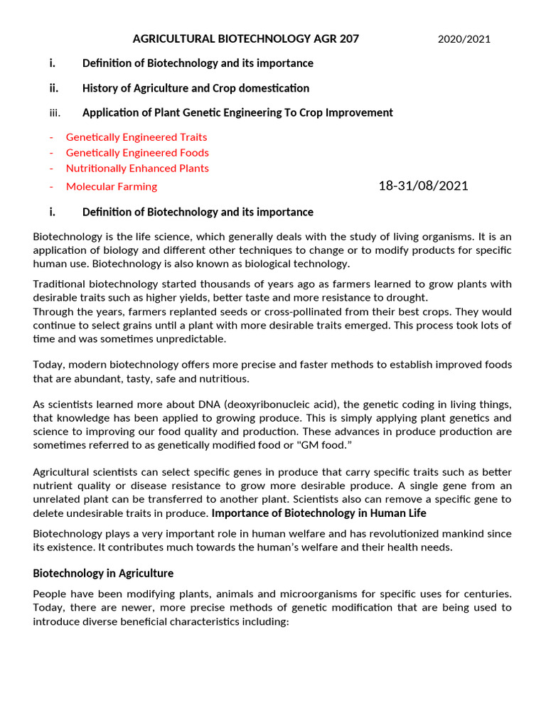 Agr 207 Lecture Note Agricultural Biotechnology 2022 | PDF | Genetic ...