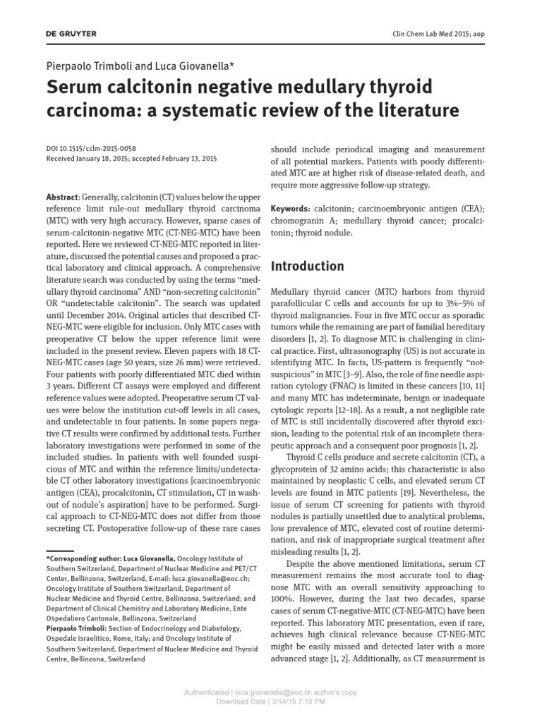 Trimboli-Giovanella - Serum Calcitonin Negative Medullary Thyroid | PDF ...