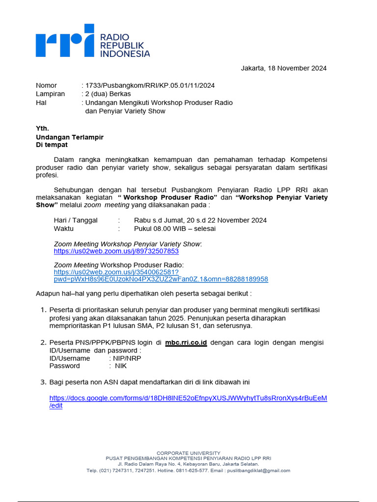 Undangan Mengikuti Workshop Produser Radio Dan Penyiar Variety Show | PDF